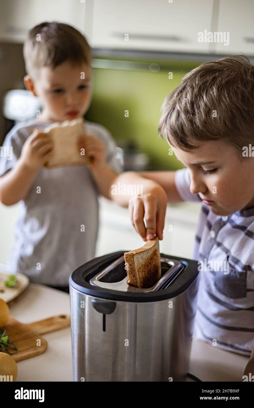 Two funny little brothers cooking and eating together fresh frying ...