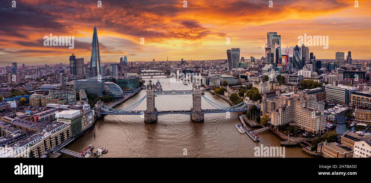 Aerial panoramic cityscape view of the London Tower Bridge Stock Photo ...