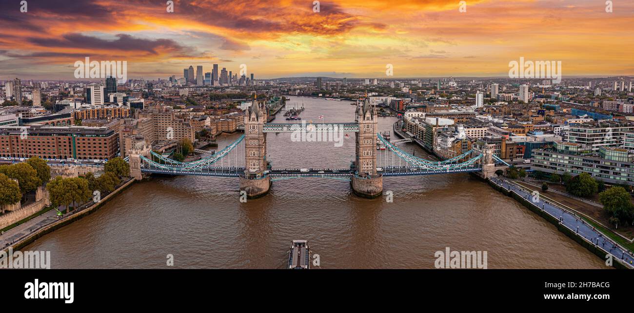 Aerial panoramic cityscape view of the London Tower Bridge Stock Photo ...