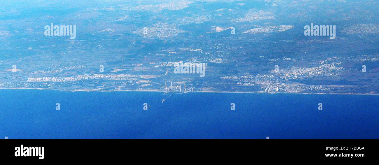 Aerial view of the Israeli Mediterranean coastline around the Orot ...