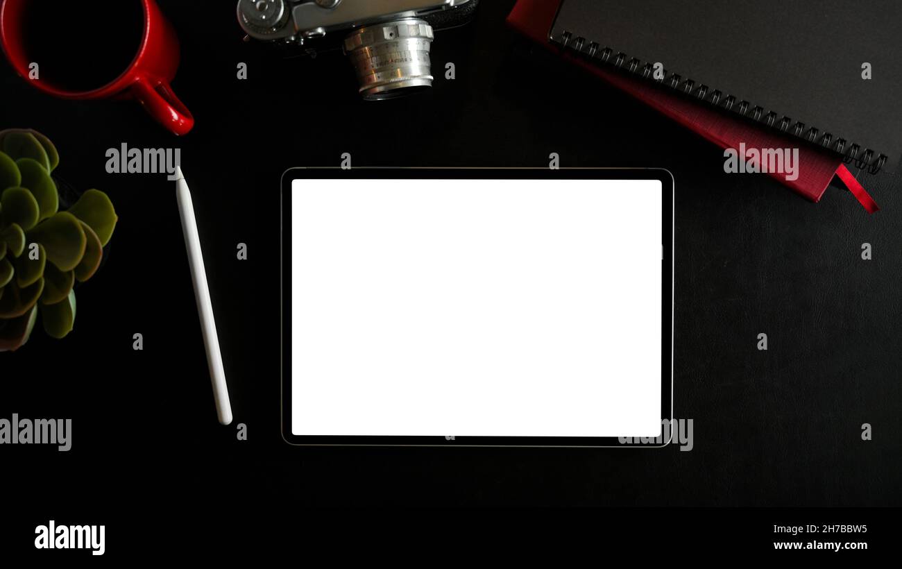 Above view, portable touchpad, tablet blank screen mockup and ...