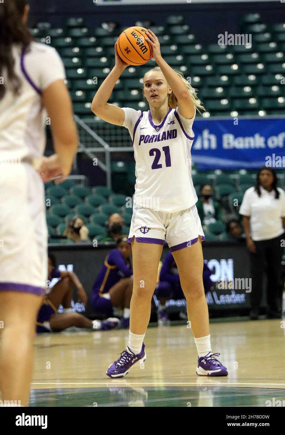 November 21, 2021 - Portland Pilots forward Emily Sewell #21 looks to pass the ball during a ...
