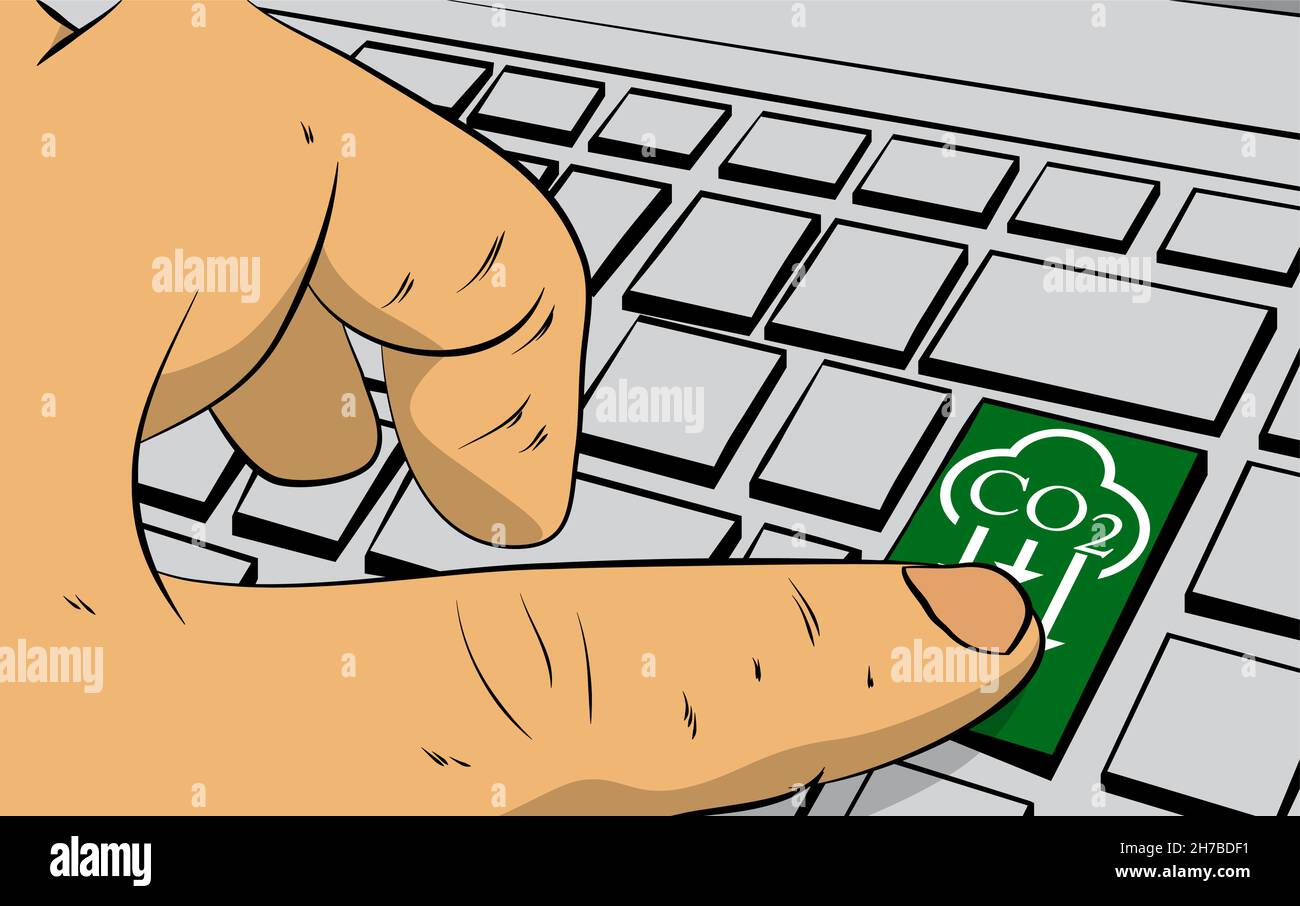 CO2 emission sign, Carbon dioxide icon on computer keyboard. Man push ...