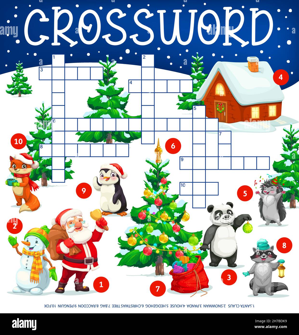 Christmas tree, animals and Santa with gifts, crossword grid worksheet ...