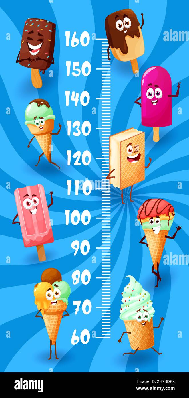 Kids height chart, cartoon ice cream dessert characters, vector growth ...