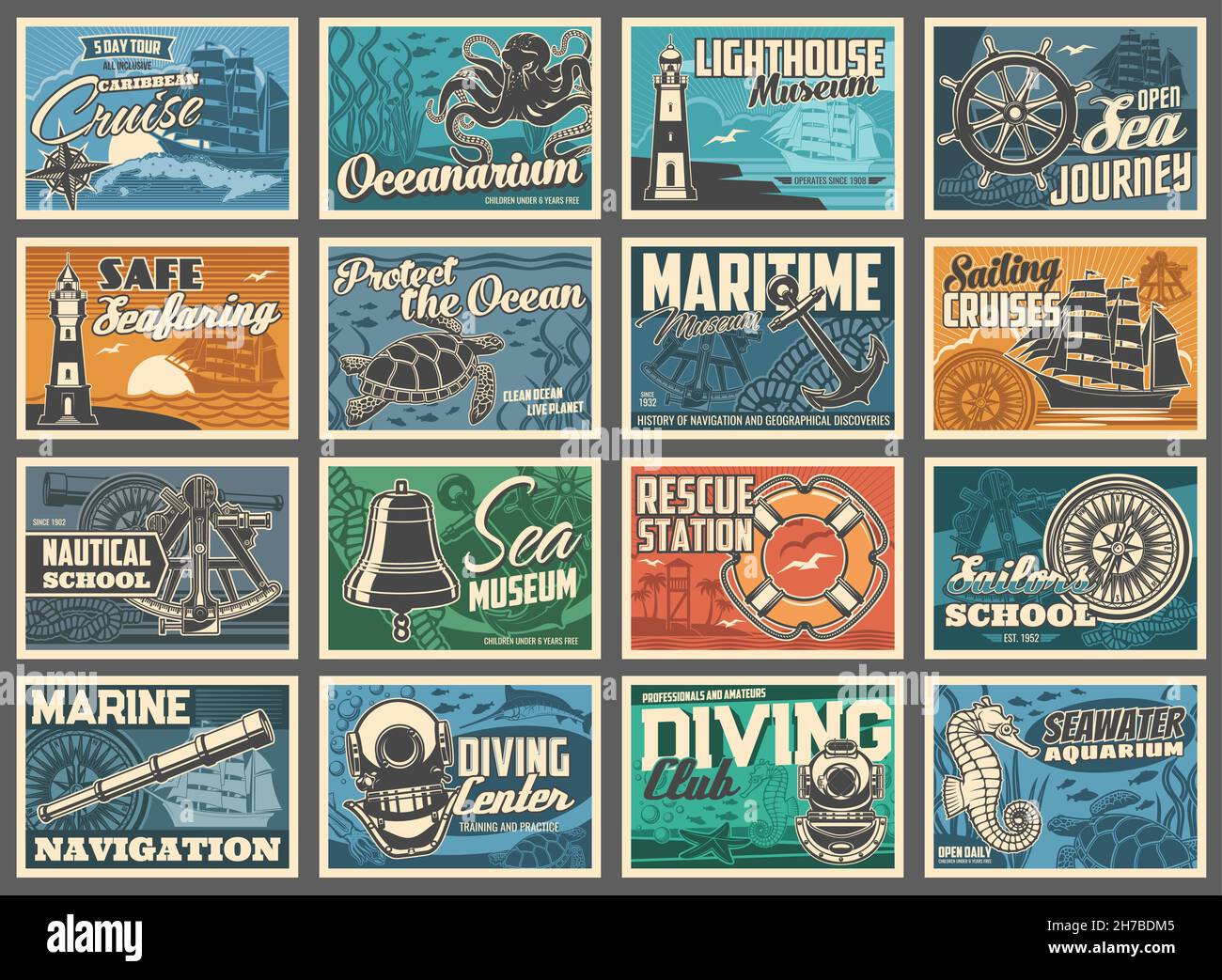 Nautical posters with anchor and lighthouse, sea diving and ocean ...