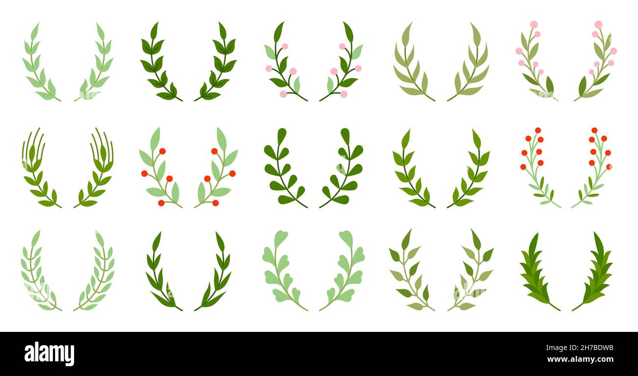 Natural wreath leafy object winner green flat set. Plant pattern award ...