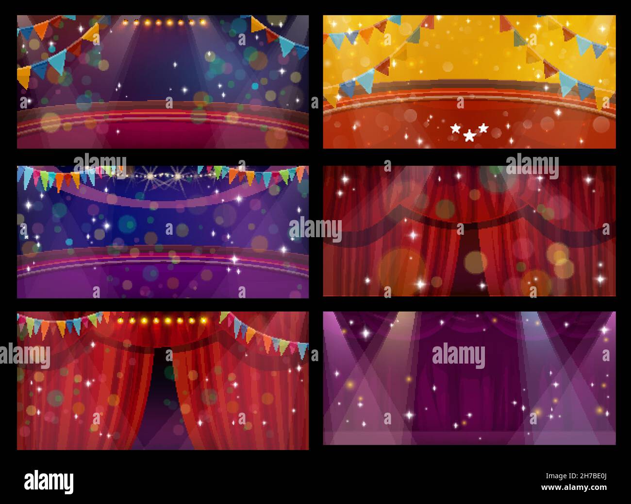 Circus and theater stage interior with curtains, vector empty scenes ...