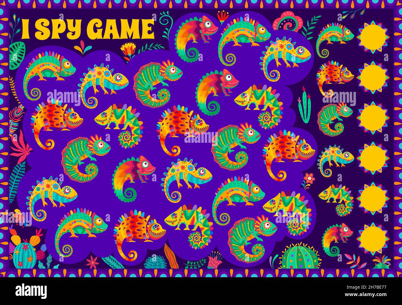 Cartoon mexican chameleon lizards kids I spy game. Vector educational ...