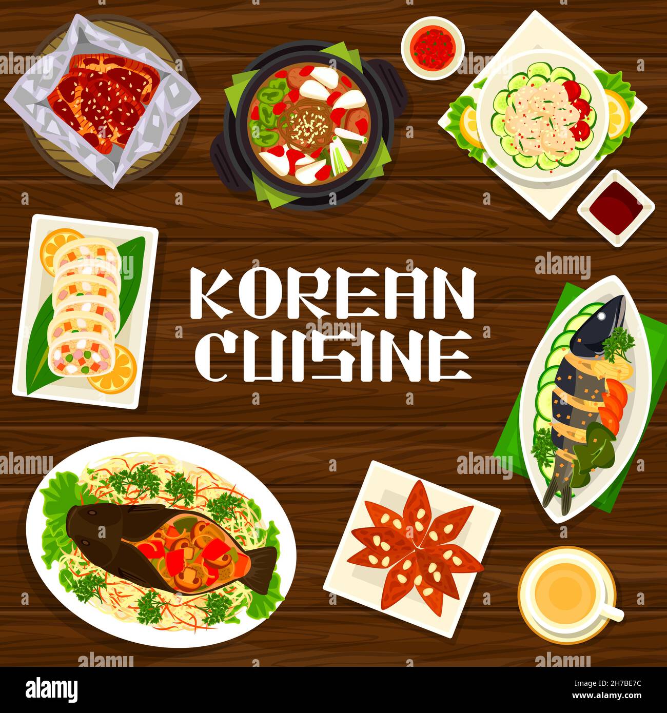 Korean food cuisine, restaurant menu cover, Asian traditional dishes ...
