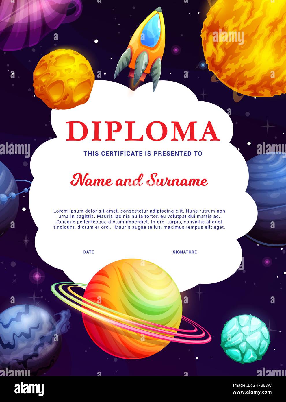 Kids diploma. Fantastic universe galaxy, cartoon starry space, rocket and planets. School ...