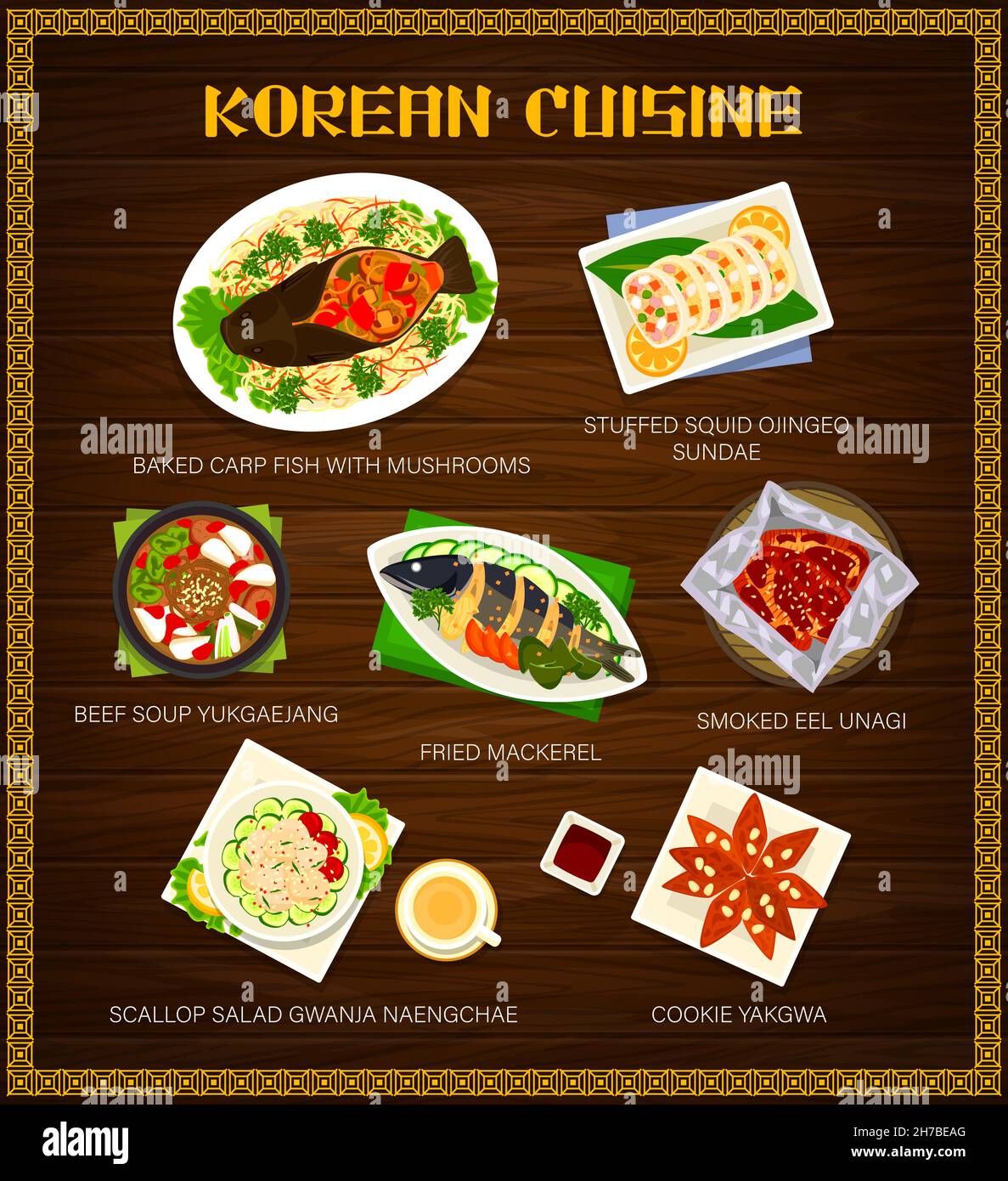 Korean cuisine food menu dish, restaurant lunch and dinner meals vector ...