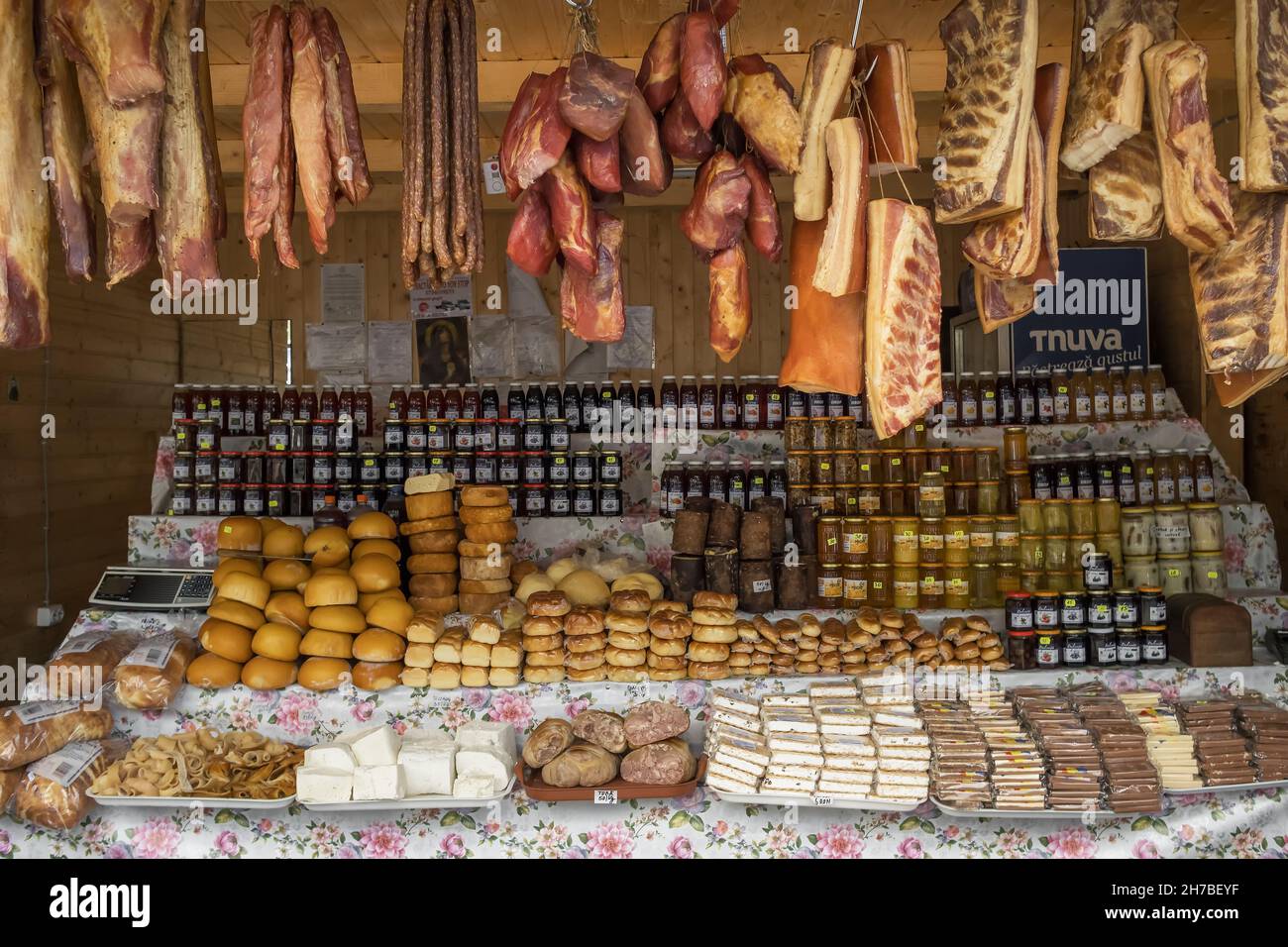 Local Romanian food products displayed on market stall Stock Photo - Alamy