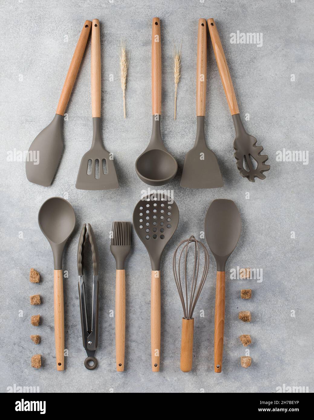 Set of kitchen utensils on a gray background. The concept of the ...