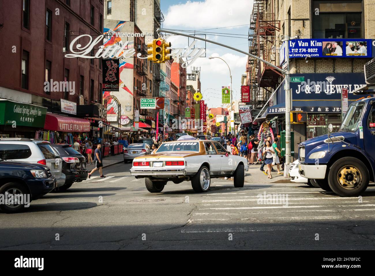 New York, USA - June 16, 2014: View of Mulberry Street with the Little ...