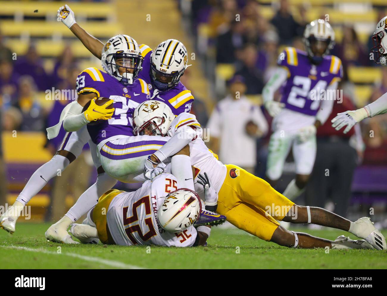 November 20, 2021: ULM's Lu Tillery #19 and Brandon Nettles #25 combine ...