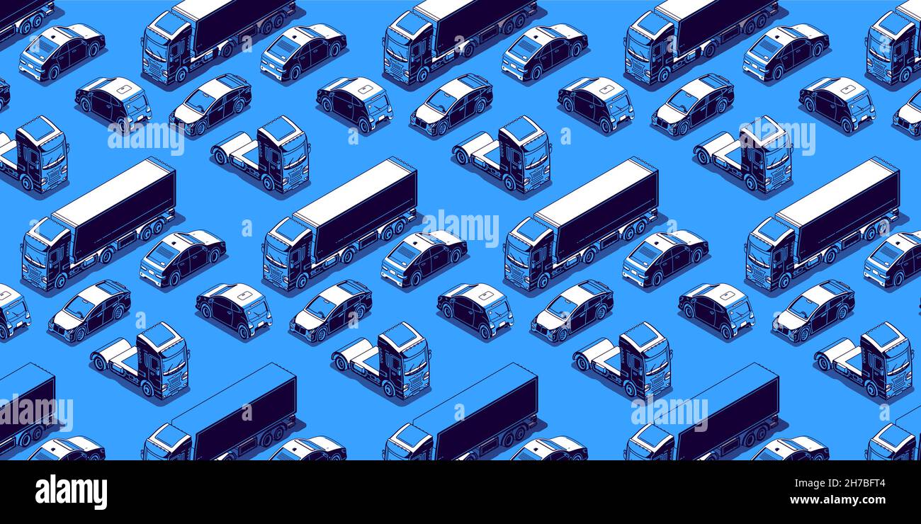 Isometric vehicles, trucks and cars isolated on blue background. Vector ...