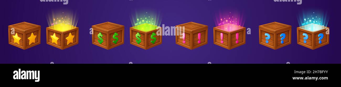 Isometric wooden boxes with different signs and magic light inside ...