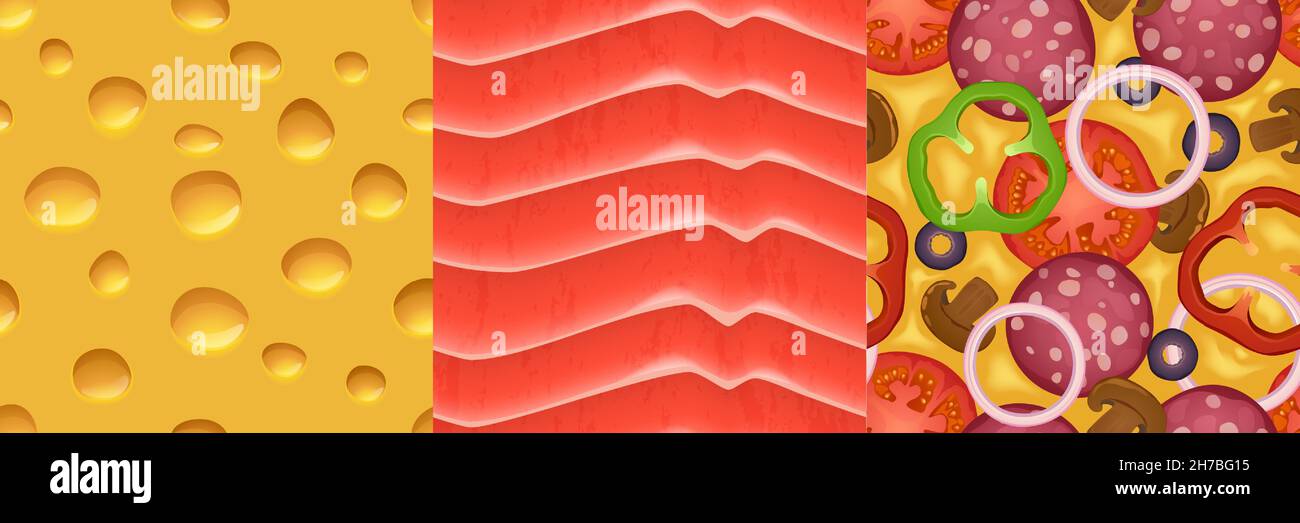 Cheese, tuna fish and pizza seamless textures for game, food repeated ...