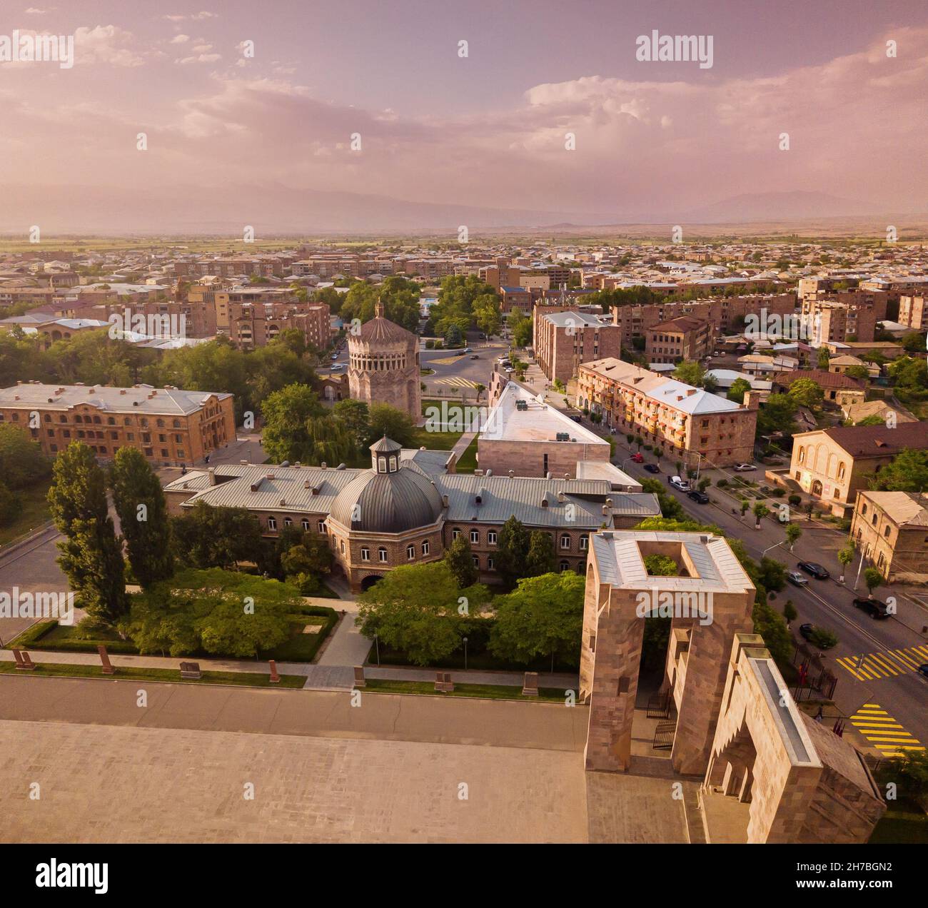 Aerial view of open air altar with seminary and church of Archangels in ...
