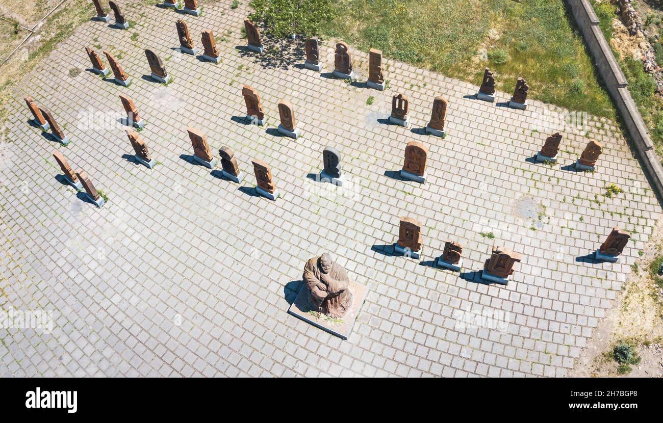 19 May 2021, Oshakan, Armenia: Aerial view of Mesrop Mashtotts statue ...