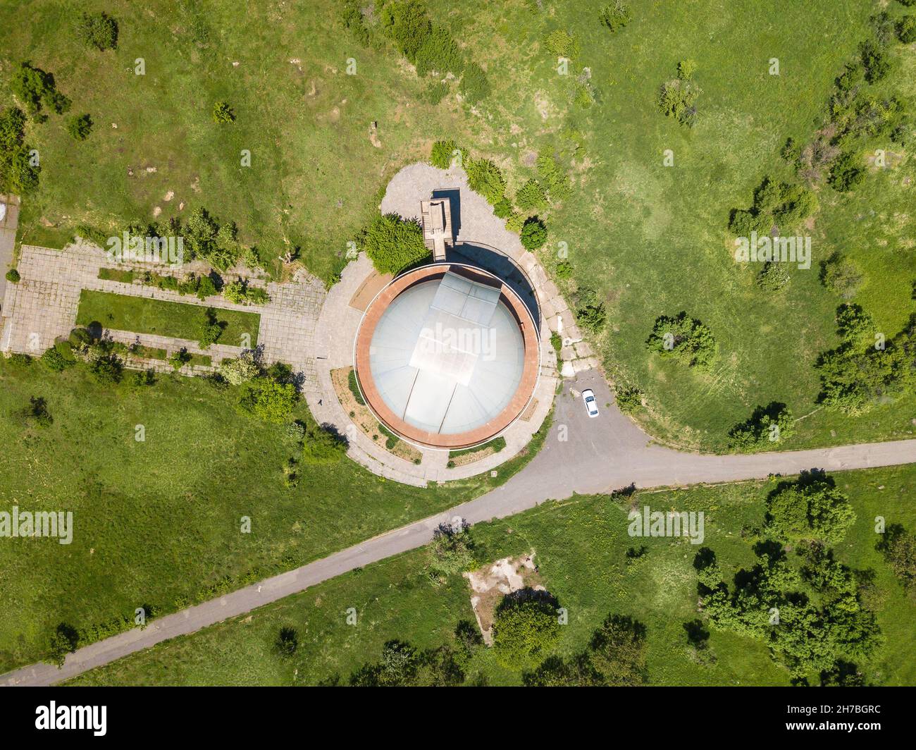 Aerial view top flat view of observatory in the city of Byurakan ...