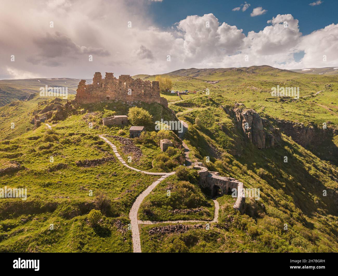 Aerial view of ancient fortress of Amberd on the slope of Aragats ...
