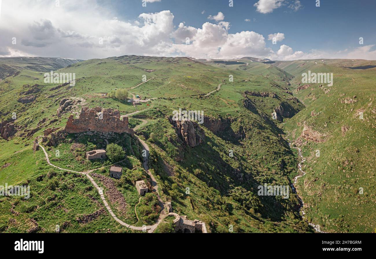 Aerial view of ancient fortress of Amberd on the slope of Aragats ...