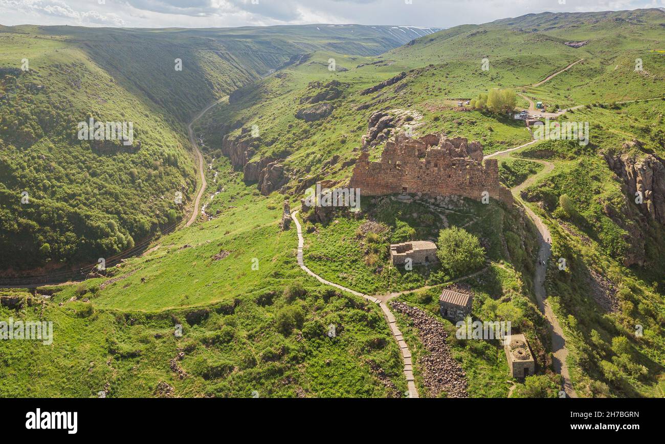 Aerial view of ancient fortress of Amberd on the slope of Aragats ...