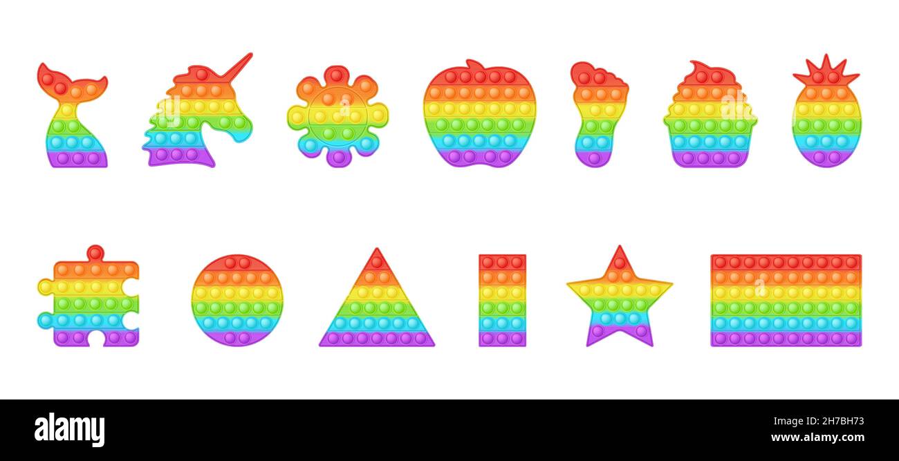 Set of geometric and food forms pop it a trendy rainbow fidget toys ...