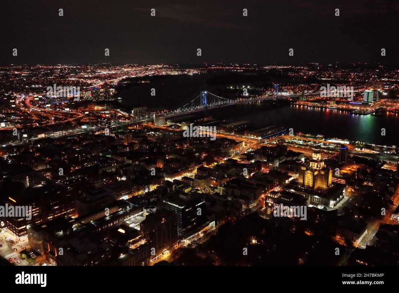 Aerial Drone Flight Center City Philadelphia at Night Flying Towards ...