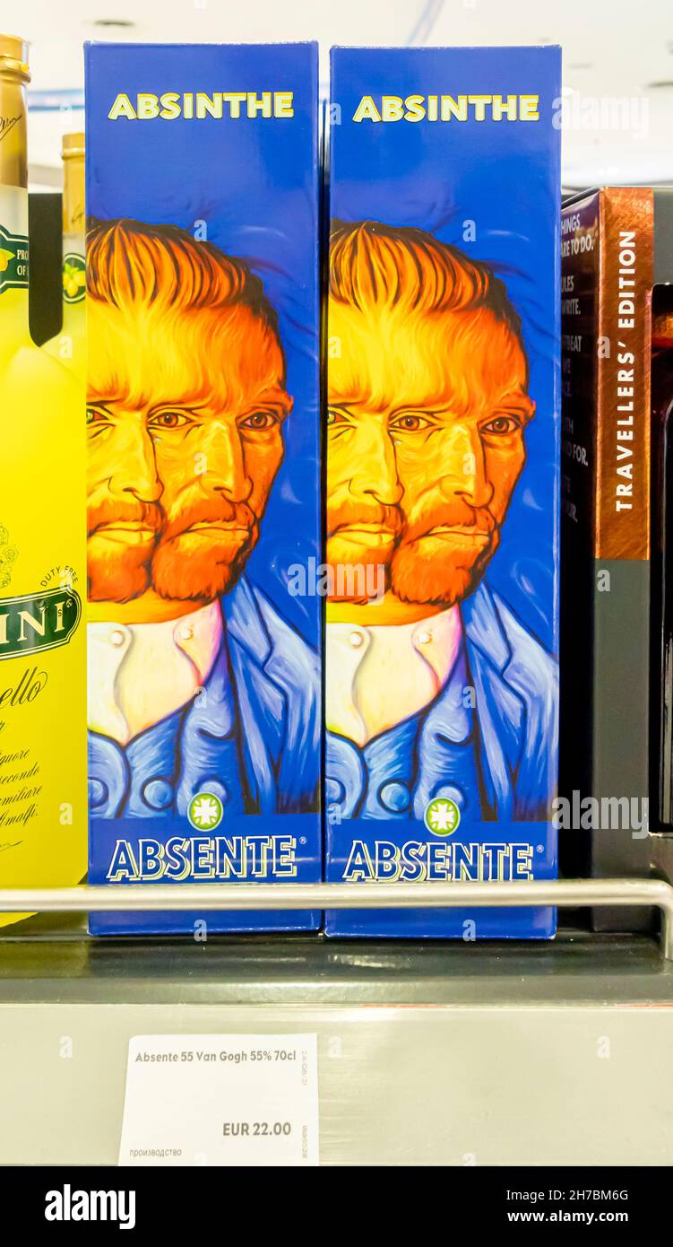 Displays with duty-free Van Gogh Absinthe alcohol drinks liquors in ...