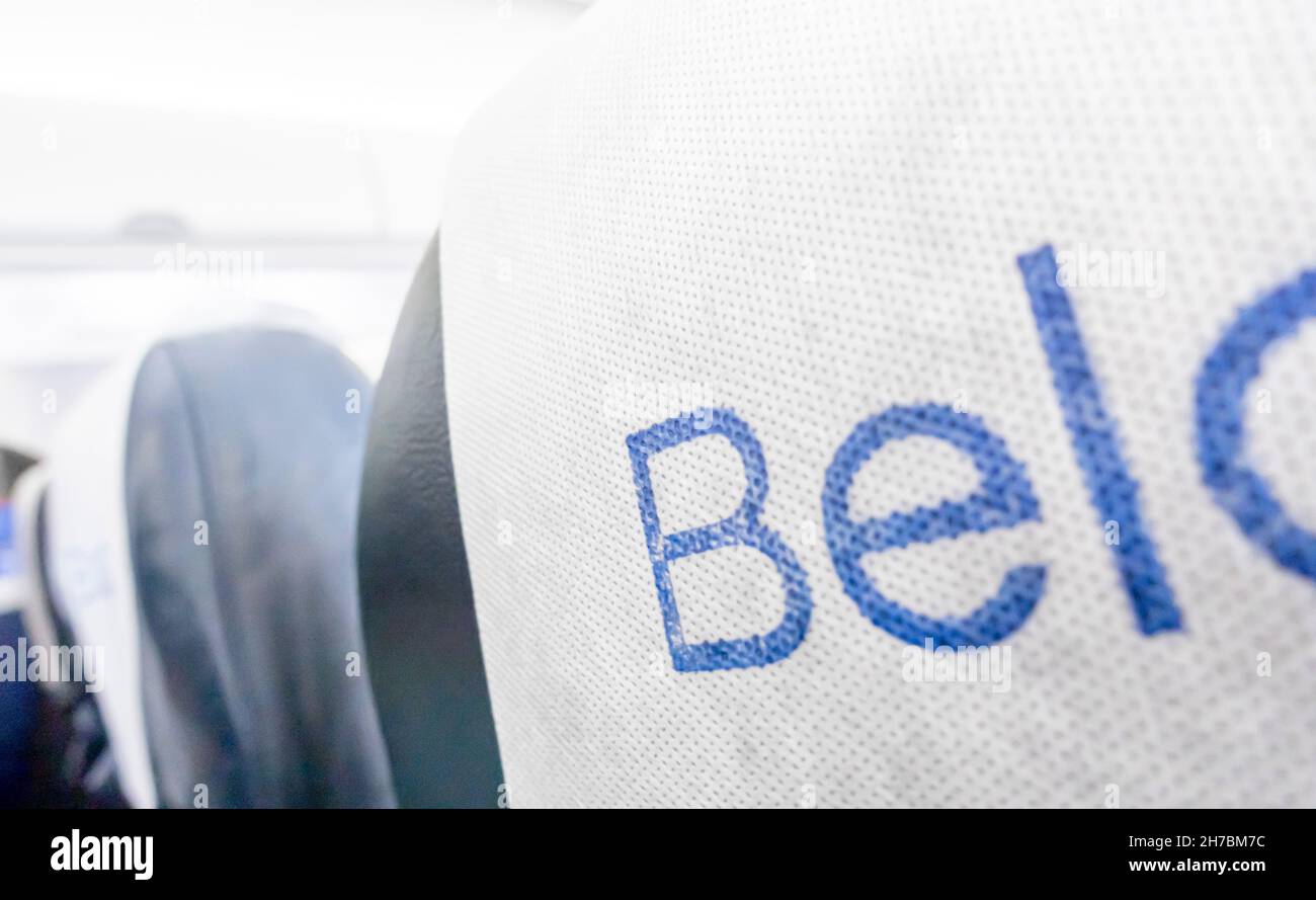 Seat cover on an airplane seat in an airplane cabin of a Belavia ...