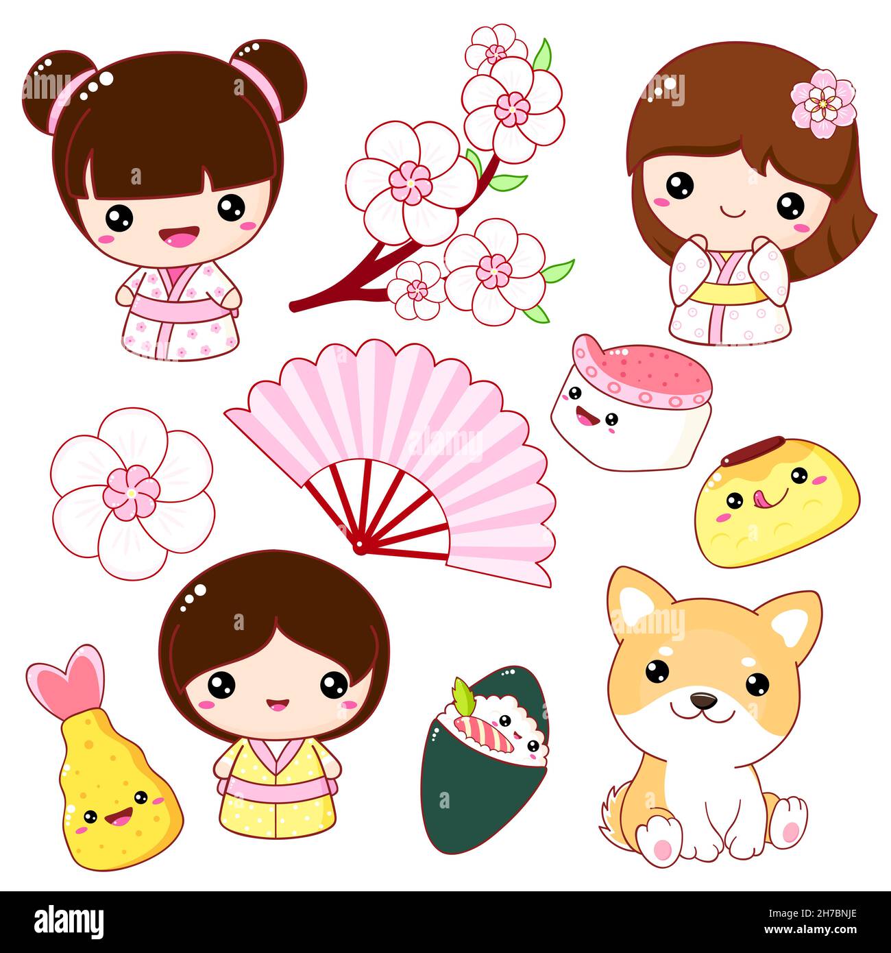 Set of cute icons in kawaii style. Japanese traditional toy kokeshi ...