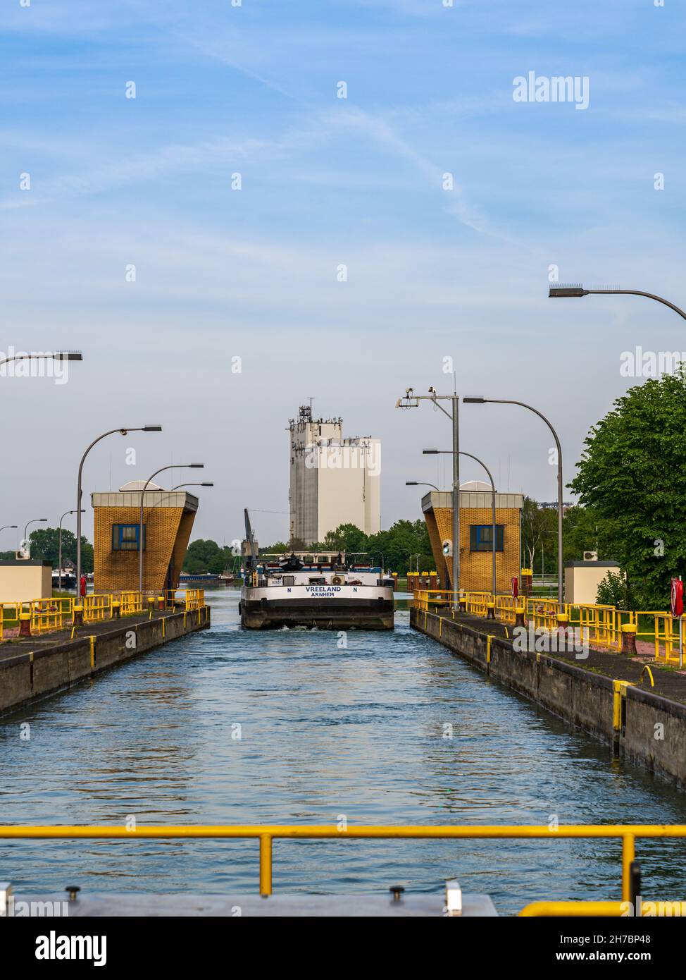 Dorsten, North Rhine-Westphalia, Germany - May 07, 2020: A freight ship on the Wesel-Datteln ...
