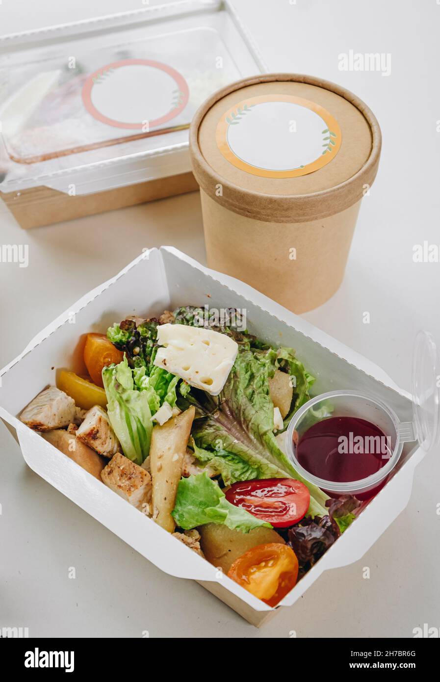 Food In Containers Proper Nutrition Daily Diet Weight Loss Soup Drink Salad Steak Top 