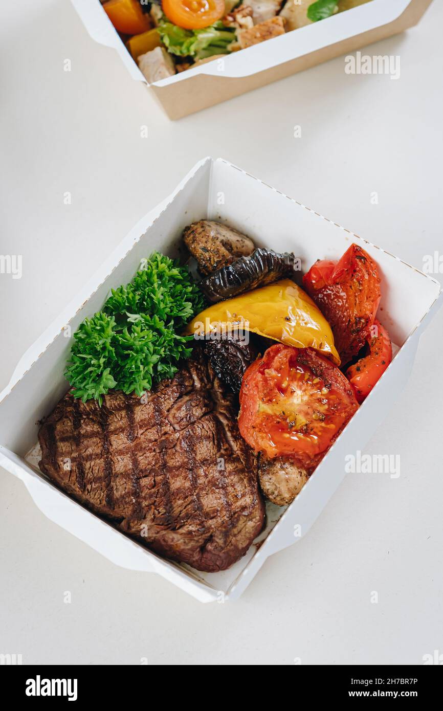 food in containers. proper nutrition, daily diet, weight loss. veal ...