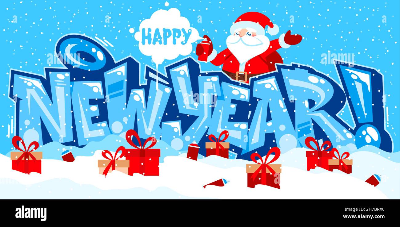 Abstract Banner Happy New Year With Santa Claus In Graffiti Style Font ...