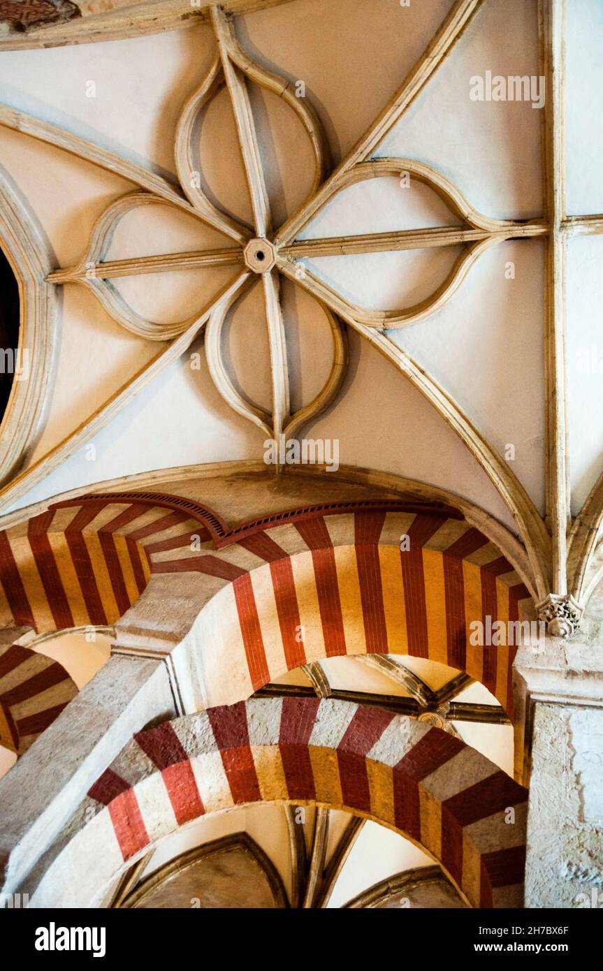 Decorative arched ceiling ribs and alternating red brick and white ...