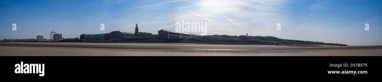 Panorama view of Berck sur mer, France. Beach is in the foreground. The ...