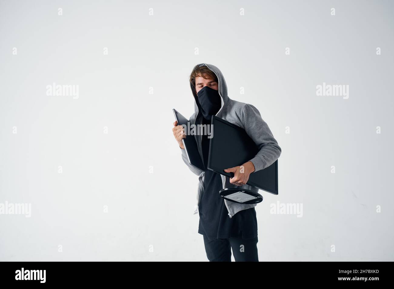 hacker hooded head hacking technology security isolated background ...