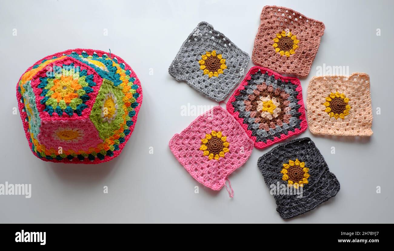 Top view handmade product to make spring present, colorful bucket hat ...