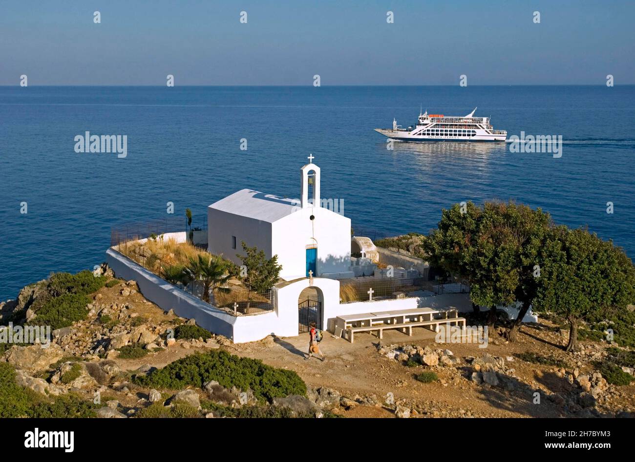 FERRY AND KITTLE CHURCH IN KRETA ISLAND NEAR LOUTRO VILLAGE, GREEK, MR ...