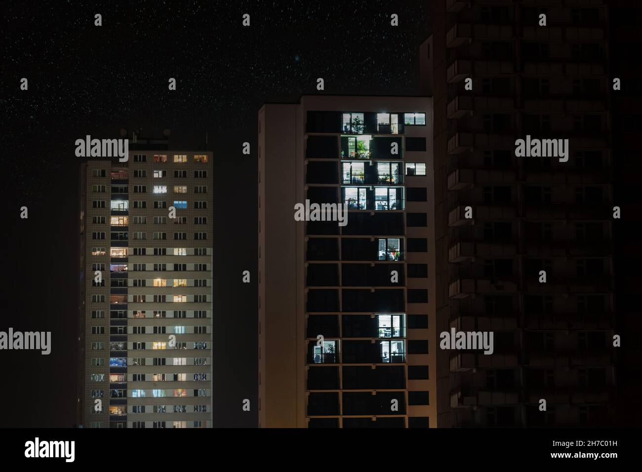 Illuminated windows of skyscrapers at night Stock Photo - Alamy