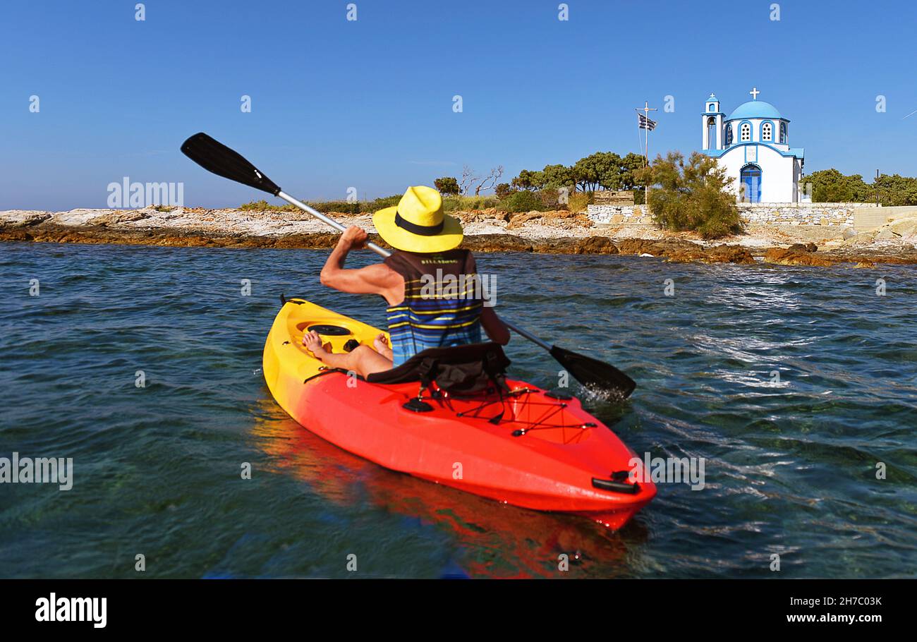 GREECE, IKARIA, ARMENISTIS, SEA KAYAK AND CHURCH OF MESSAKTI NEAR THE ...