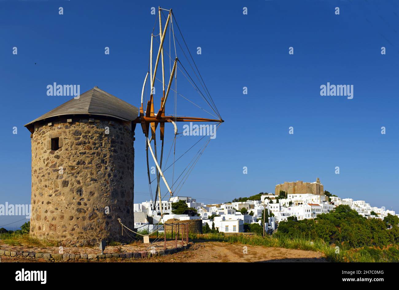 GREECE, PATMOS, CHORA, WIND MILL AND MONASTORY OF AGIOS IOANNIS ...