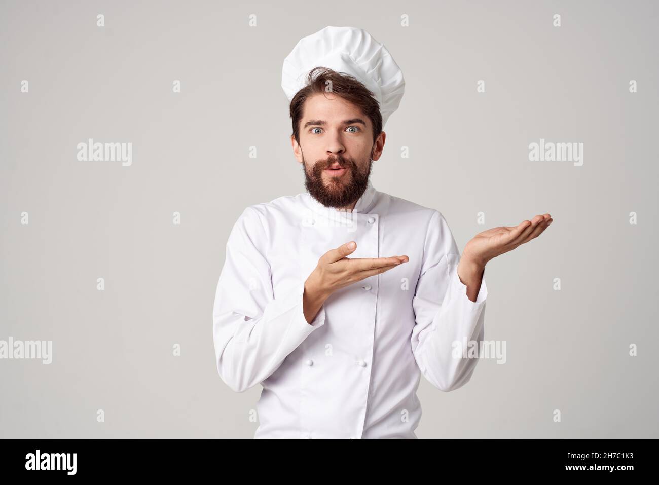 male cook restaurant service Professional hand gesture light background ...