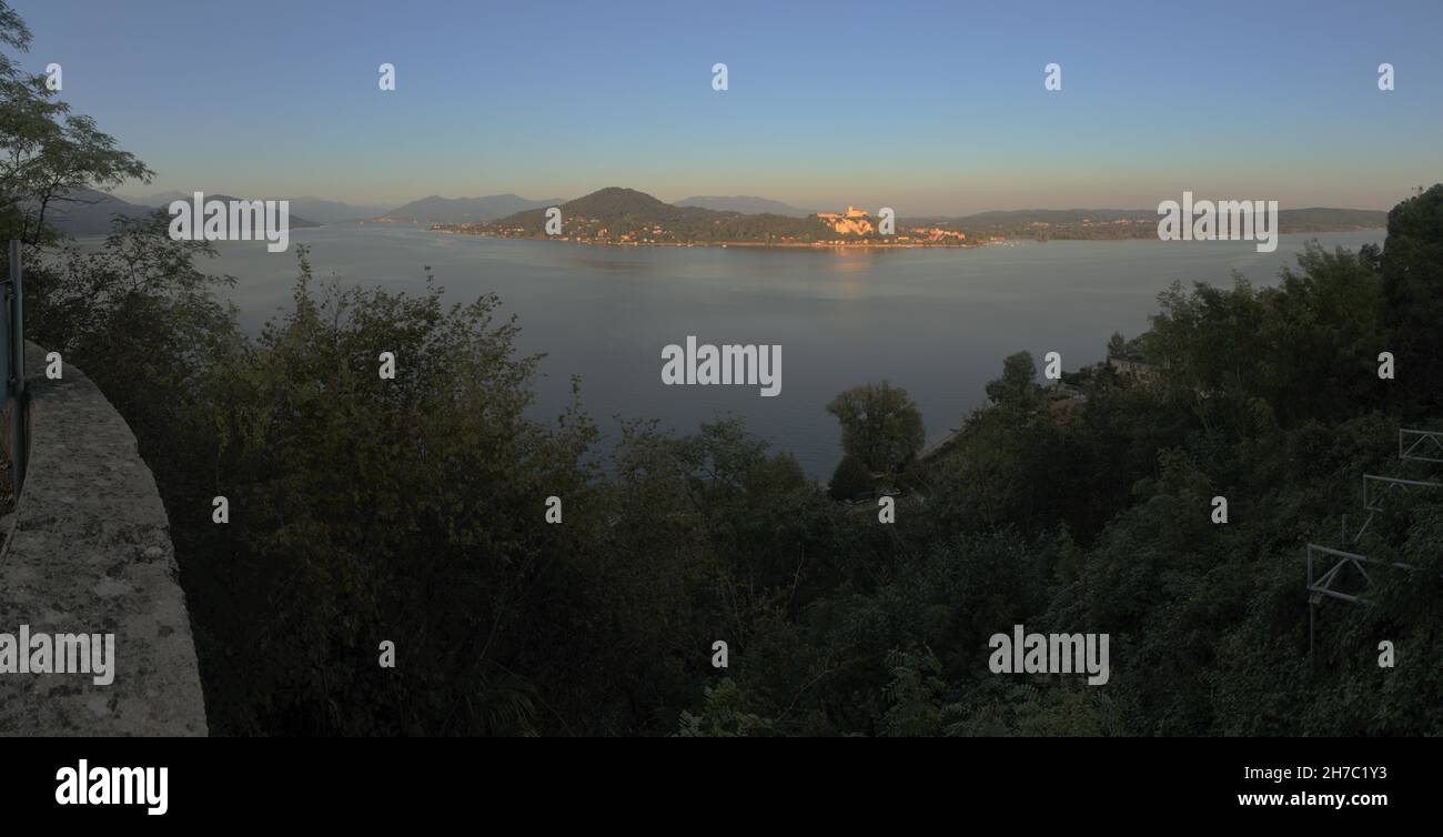 View across Lago Maggiore from Arona showing the Rocca di Angera castle ...