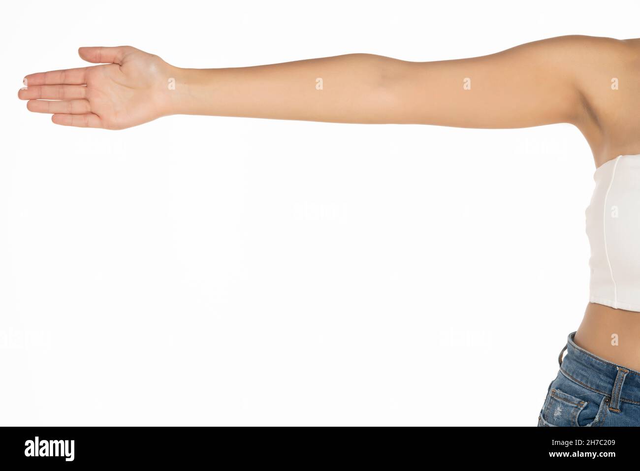 outstretched female hand on a white background Stock Photo - Alamy