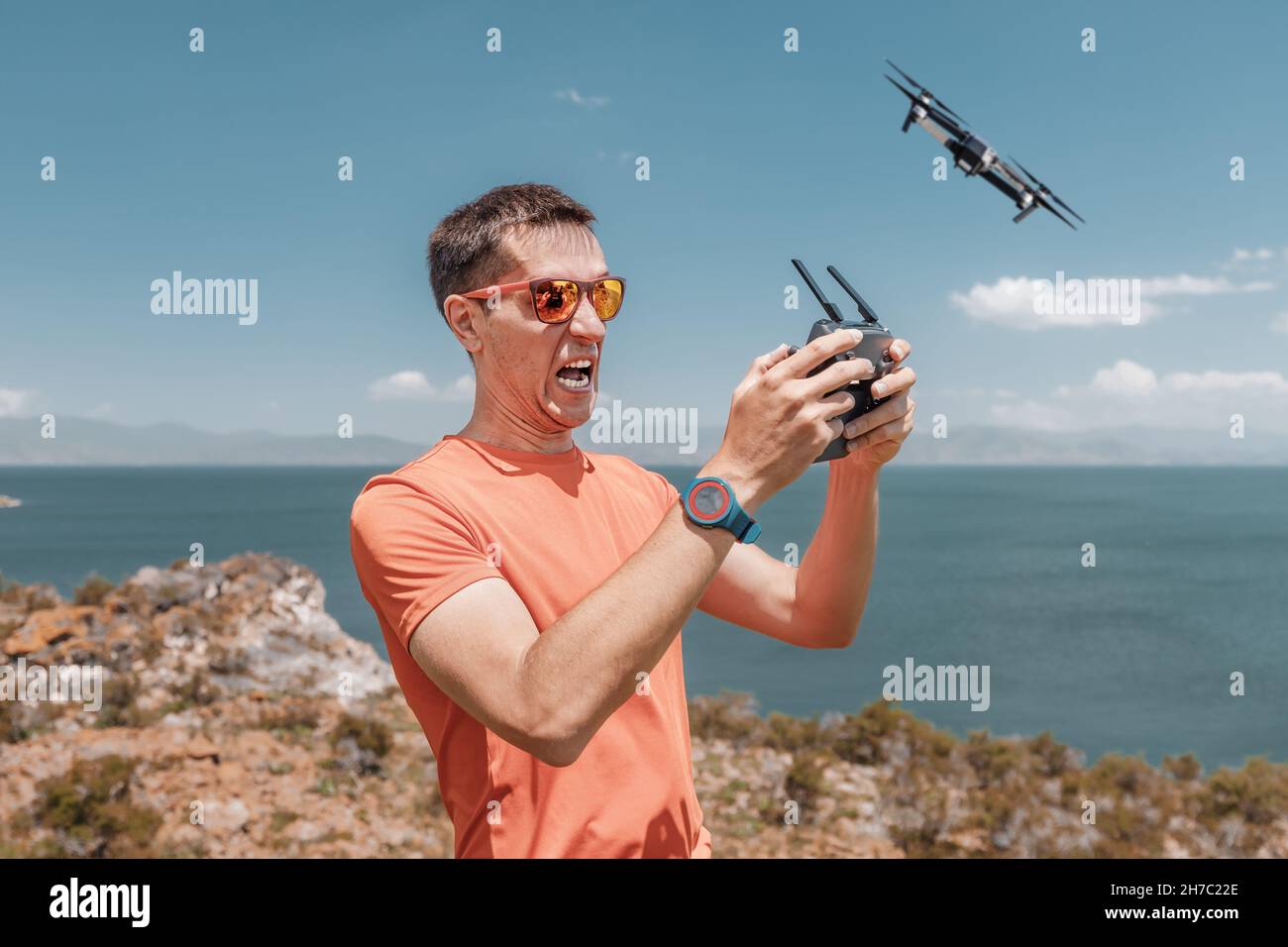 Angry man drone operator screams and gets mad because of mistake and ...